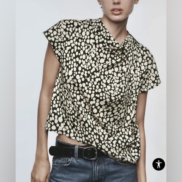 Zara | Tops | Zara Black And Ecru Dot Satin Blouse | Poshmark